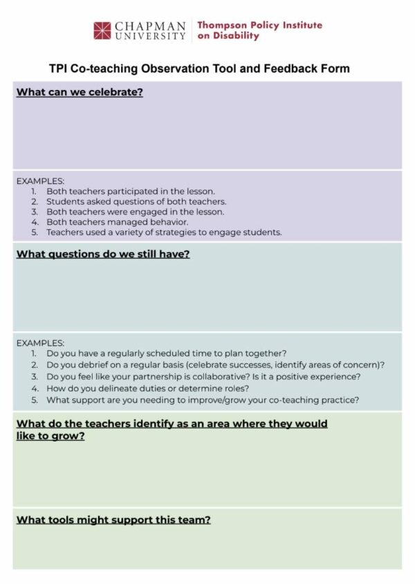 Observation Feedback Form for Observing Co-Teachers - Thompson Policy ...